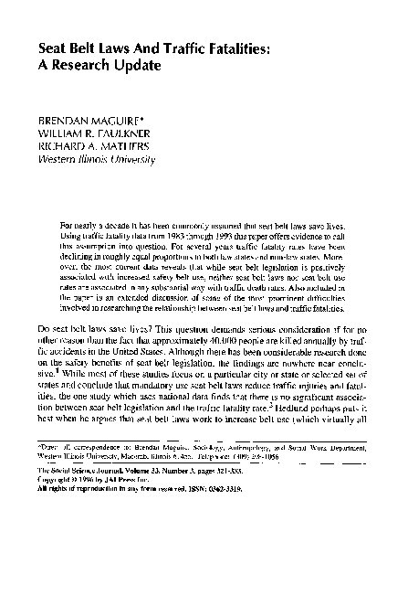 (PDF) Seat belt laws and traffic fatalities: A research update