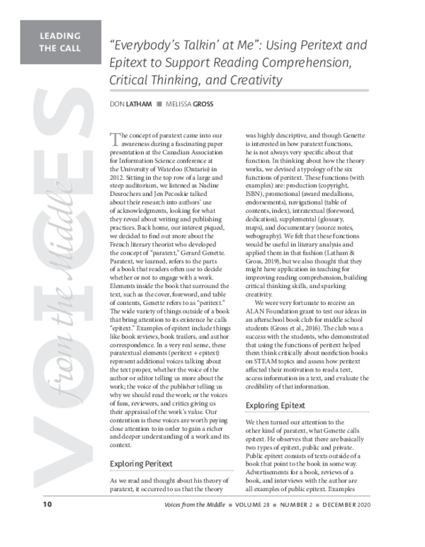 (PDF) Leading the Call: “Everybody’s Talkin’ at Me”: Using Peritext and ...