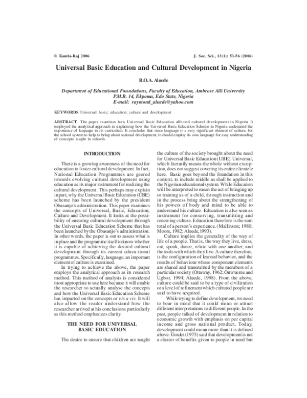(PDF) Universal Basic Education and Cultural Development in Nigeria