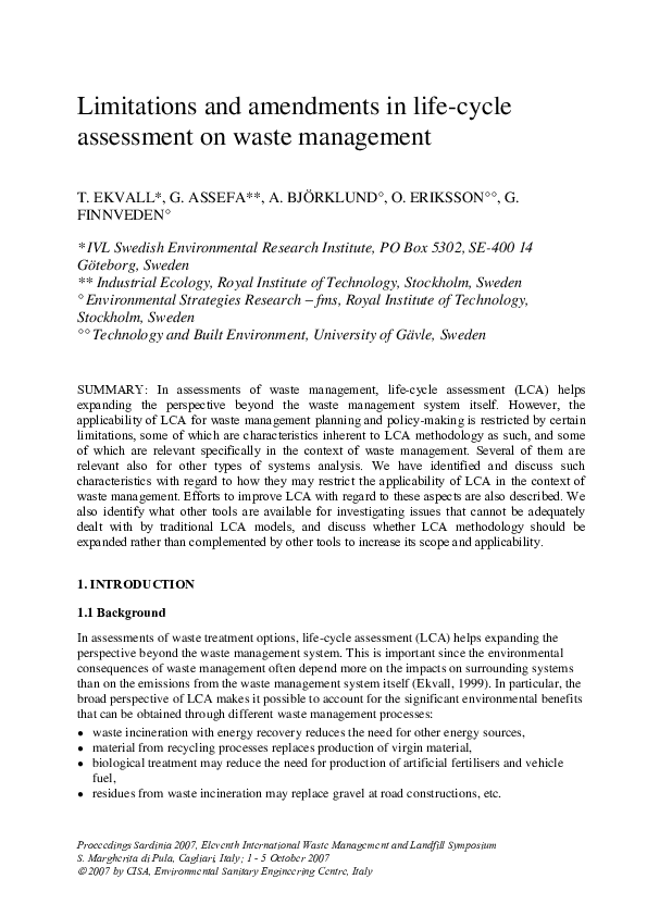 (PDF) Limitations and amendments in life-cycle assessment on waste ...