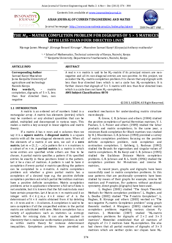 (PDF) The – matrix completion problem for digraphs of matrices with less than four directed lines
