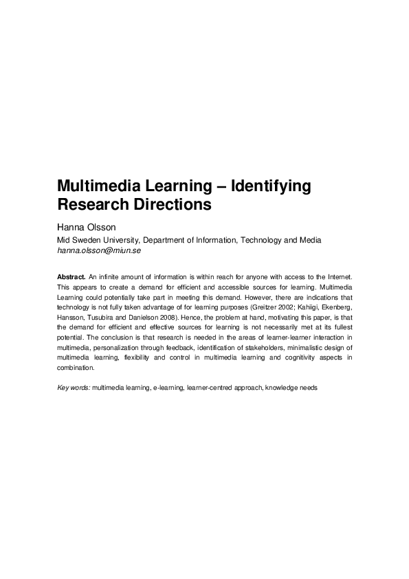 (PDF) Multimedia Learning–Identifying Research Directions