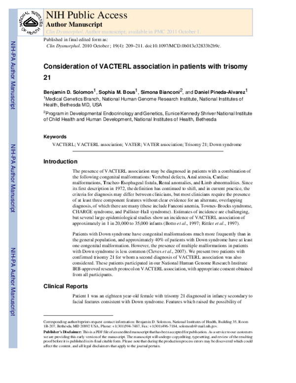 (PDF) Consideration of VACTERL association in patients with trisomy 21