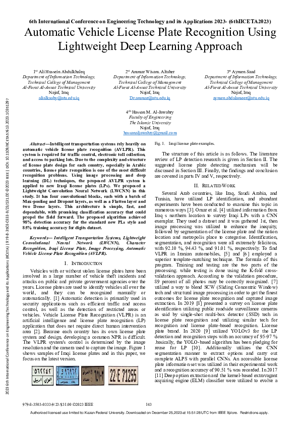 (PDF) Automatic Vehicle License Plate Recognition Using Lightweight Deep Learning Approach