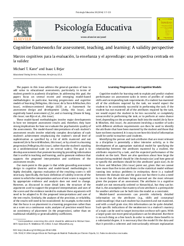 (PDF) Cognitive frameworks for assessment, teaching, and learning: A validity perspective