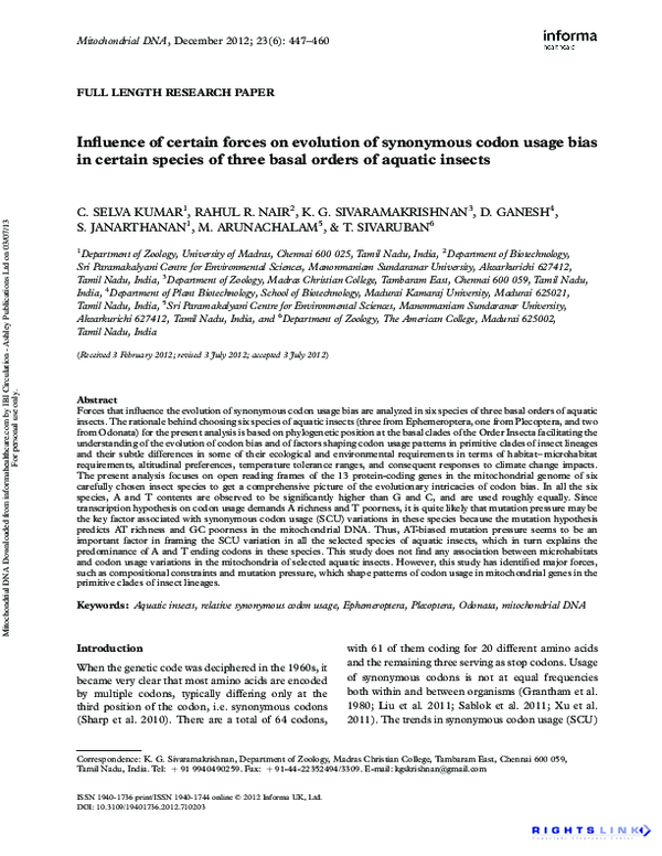 Pdf Influence Of Certain Forces On Evolution Of Synonymous Codon 3953