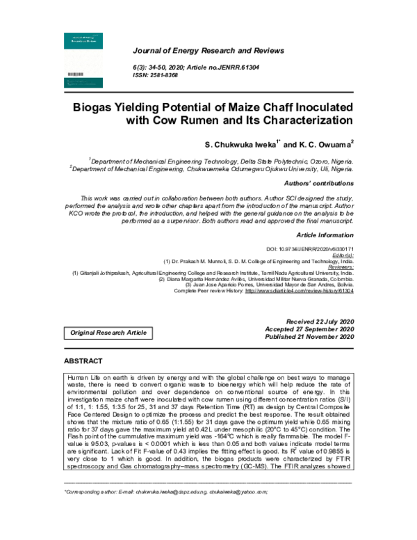 (PDF) Biogas Yielding Potential of Maize Chaff Inoculated with Cow ...