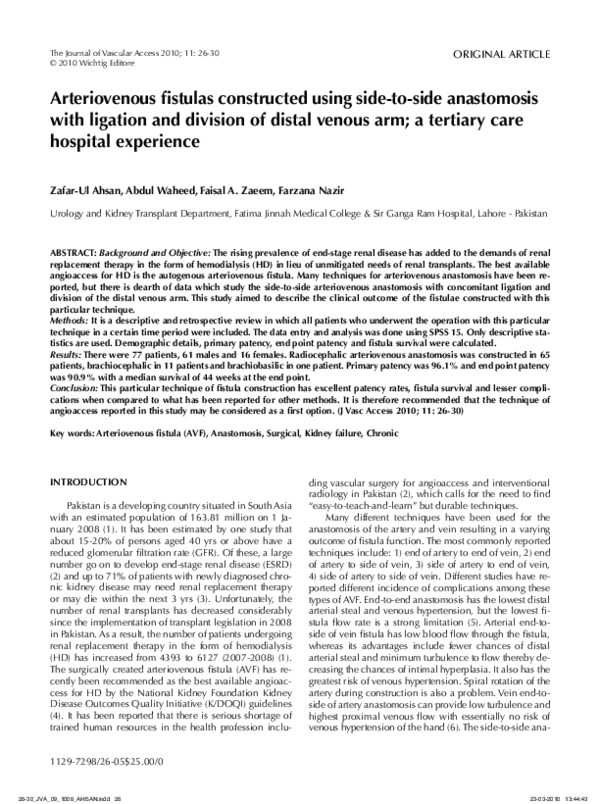 (PDF) Arteriovenous Fistulas Constructed Using Side-to-Side Anastomosis ...