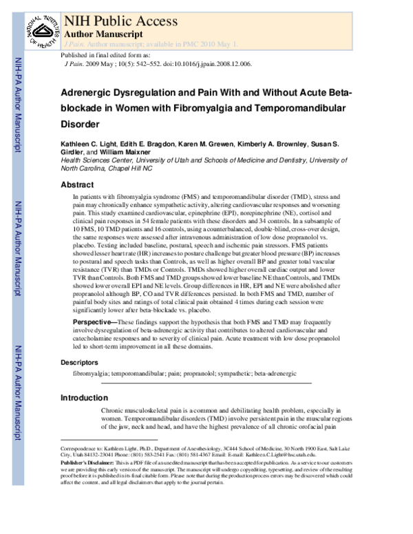 (PDF) Adrenergic Dysregulation and Pain With and Without Acute Beta-Blockade in Women With ...