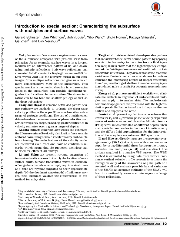 (PDF) Introduction to special section: Characterizing the subsurface with multiples and surface ...