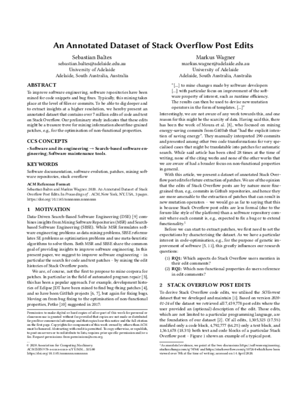(PDF) An annotated dataset of stack overflow post edits