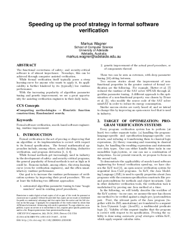 (PDF) Speeding up the Proof Strategy in Formal Software Verification | Markus Wagner - Academia.edu
