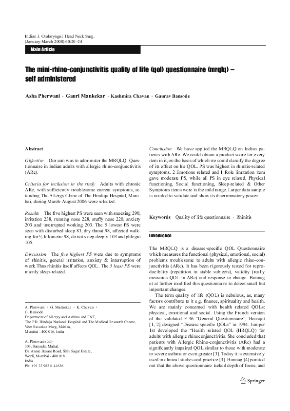 (PDF) The mini-rhino-conjunctivitis quality of life (qol) questionnaire ...
