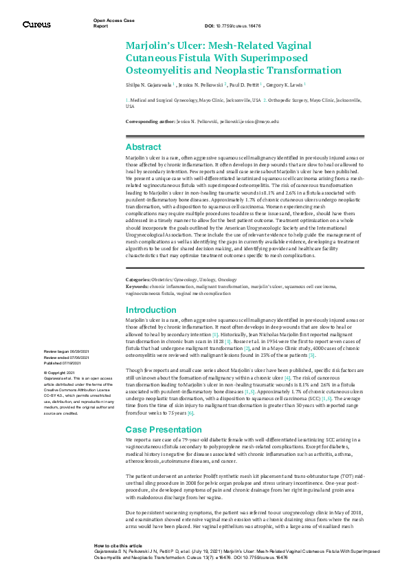(PDF) Marjolin’s Ulcer: Mesh Related Vaginal Cutaneous Fistula with ...