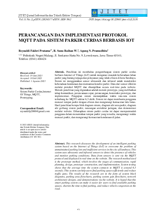 (PDF) Perancangan Dan Implementasi Protokol MQTT Pada Sistem Parkir Cerdas Berbasis Iot
