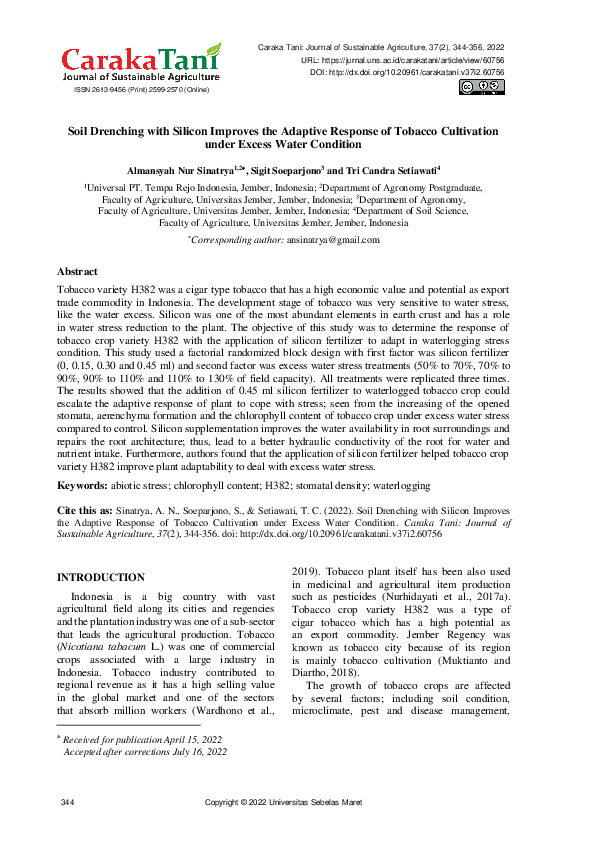 (PDF) Soil Drenching with Silicon Improves the Adaptive Response of ...