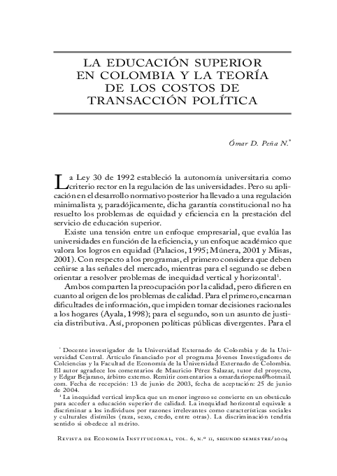 (PDF) Higher Education in Colombia and the Political Transaction Costs ...