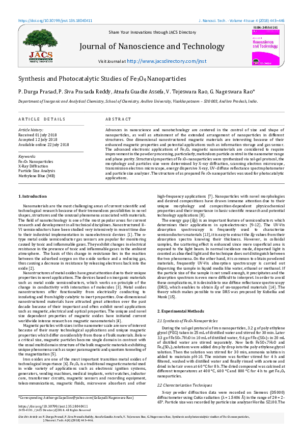 (PDF) Synthesis and Photocatalytic Studies of Fe3O4 Nanoparticles