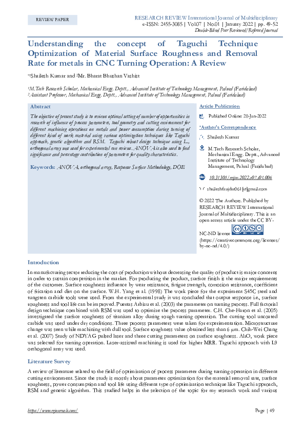 (PDF) Understanding the concept of Taguchi Technique Optimization of Material Surface Roughness ...