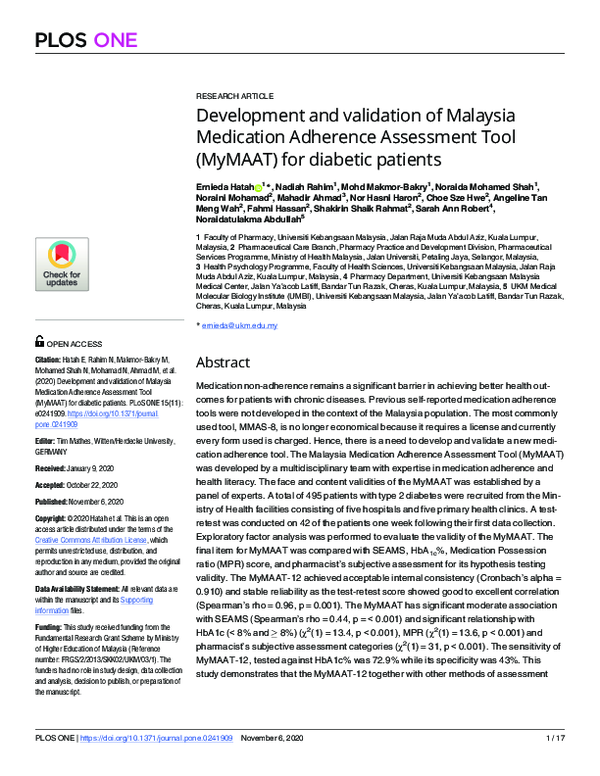 (PDF) Development and validation of Malaysia Medication Adherence ...