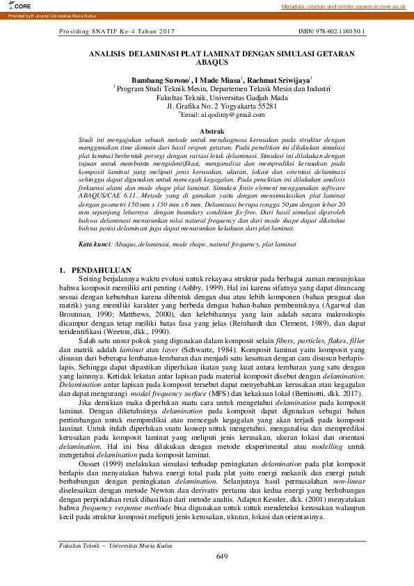 (PDF) Analisis Delaminasi Plat Laminat dengan Simulasi Getaran Abaqus