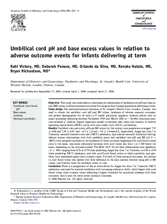 (PDF) Umbilical cord pH and base excess values in relation to adverse ...
