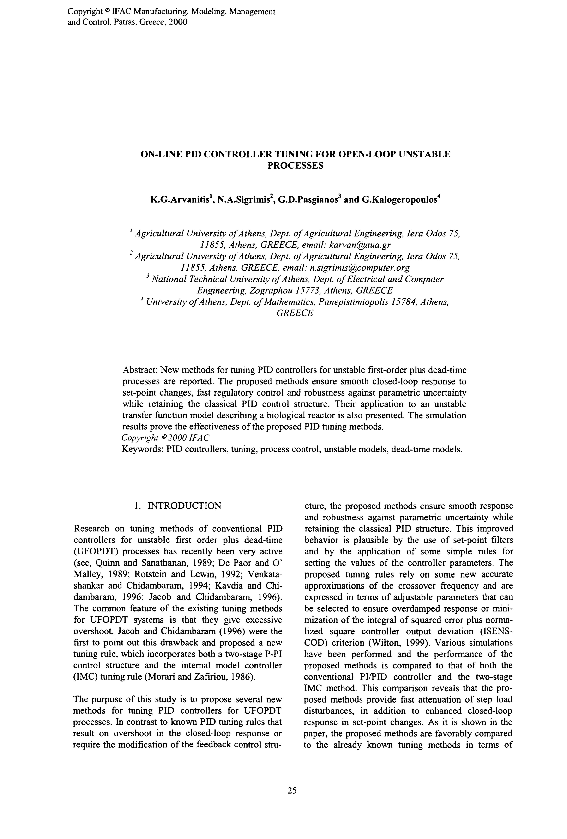 (PDF) On-line PID controller tuning for open-loop unstable processes