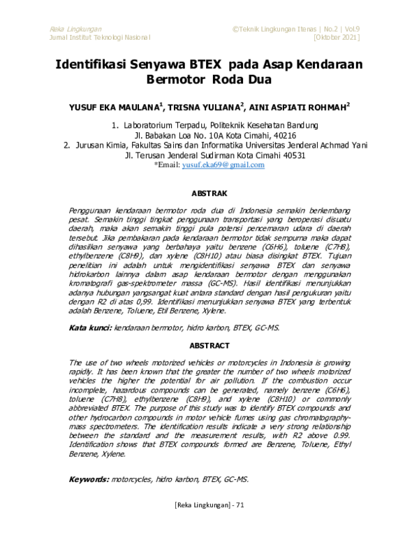 (PDF) Identifikasi Senyawa BTEX pada Asap Kendaraan Bermotor Roda Dua