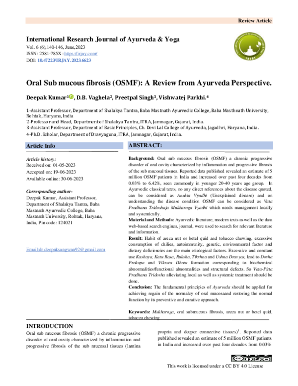 (PDF) Oral Sub mucous fibrosis (OSMF): A Review from Ayurveda Perspective
