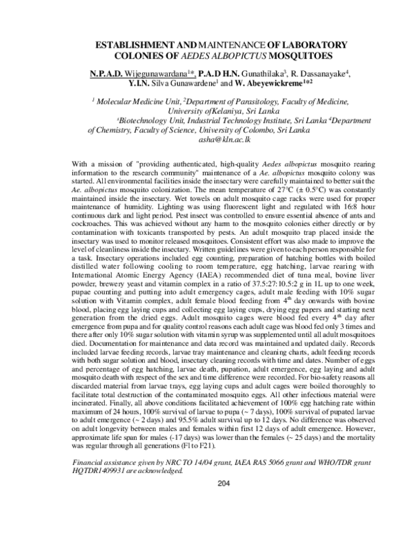 (PDF) ESTABLISHMENT AND MAINTENANCE OF LABORATORY COLONIES OF Aedes albopictus MOSQUITOES | Asha ...