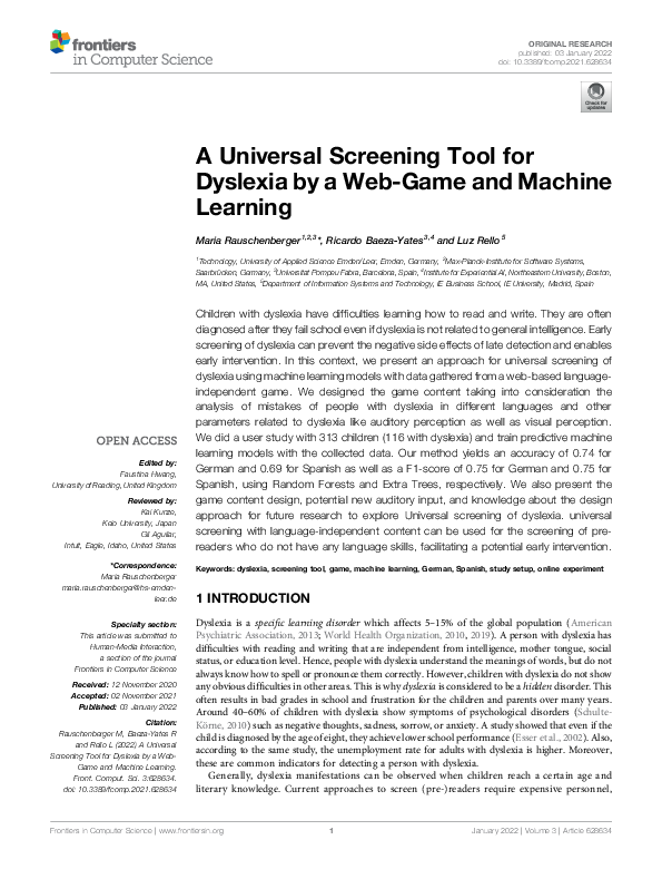 (PDF) A Universal Screening Tool for Dyslexia by a Web-Game and Machine ...