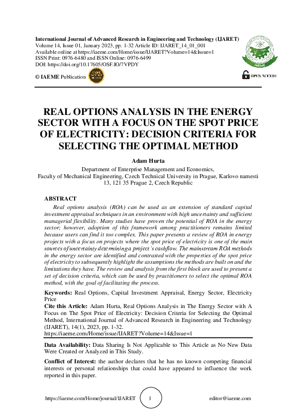 (PDF) REAL OPTIONS ANALYSIS IN THE ENERGY SECTOR WITH A FOCUS ON THE SPOT PRICE OF ELECTRICITY ...