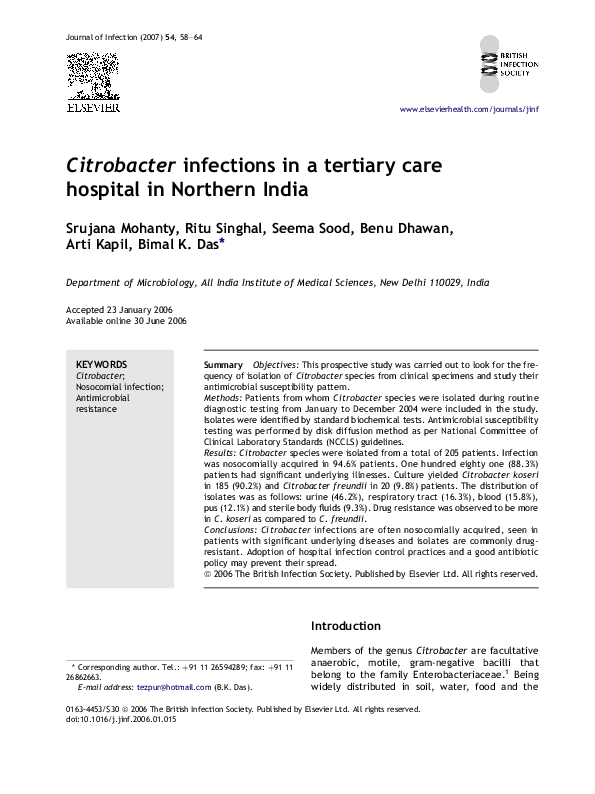 (PDF) Citrobacter infections in a tertiary care hospital in Northern India