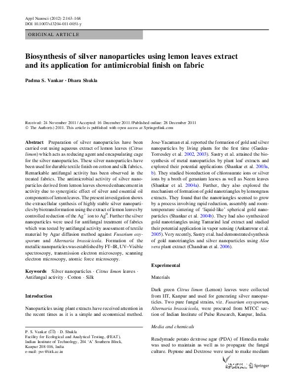 (PDF) Biosynthesis of silver nanoparticles using lemon leaves extract and its application for ...