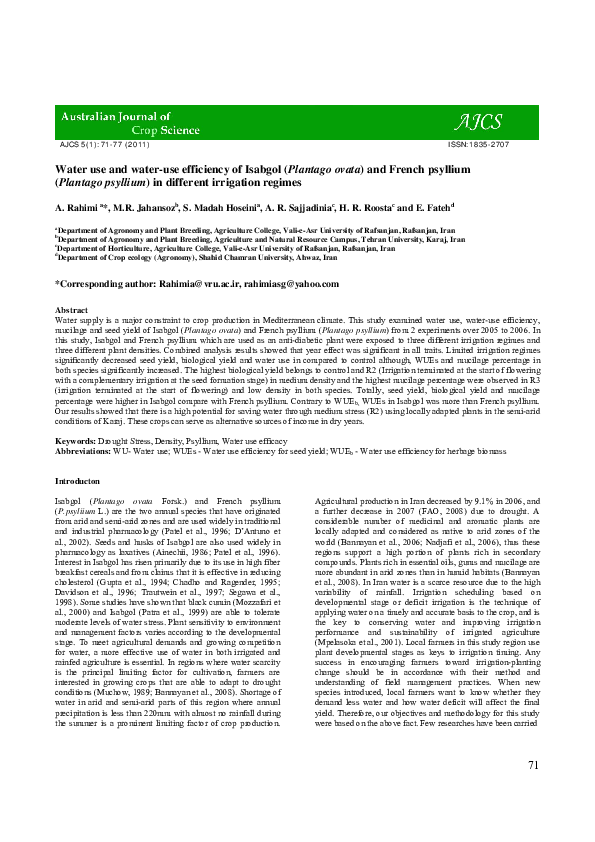 (PDF) Water use and water-use efficiency of Isabgol (Plantago ovata ...