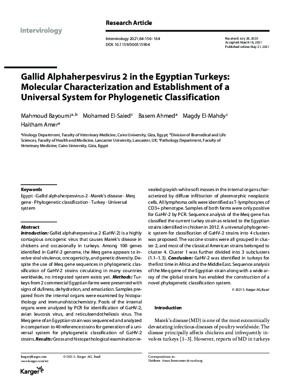 (PDF) Gallid Alphaherpesvirus 2 in the Egyptian Turkeys: Molecular ...