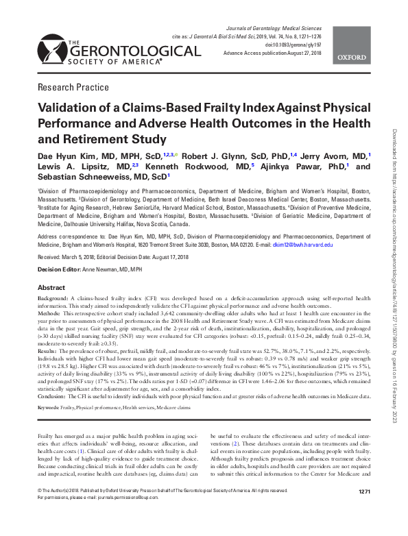 (PDF) Validation of a Claims-Based Frailty Index Against Physical Performance and Adverse Health ...