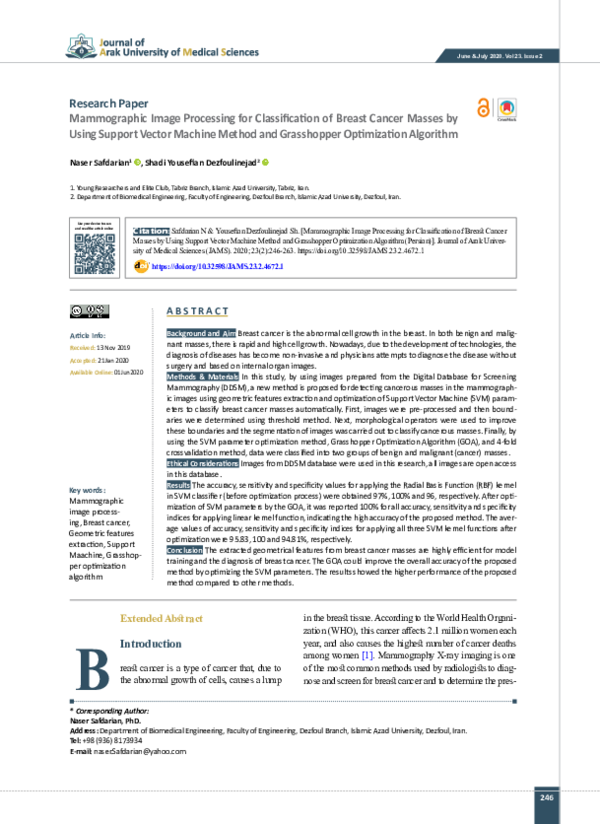 Pdf Mammographic Image Processing For Classification Of Breast Cancer Masses By Using Support
