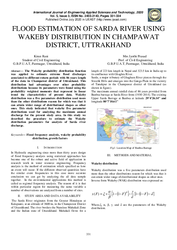 (PDF) Flood Estimation of Sarda River Using Wakeby Distribution in Champawat District ...