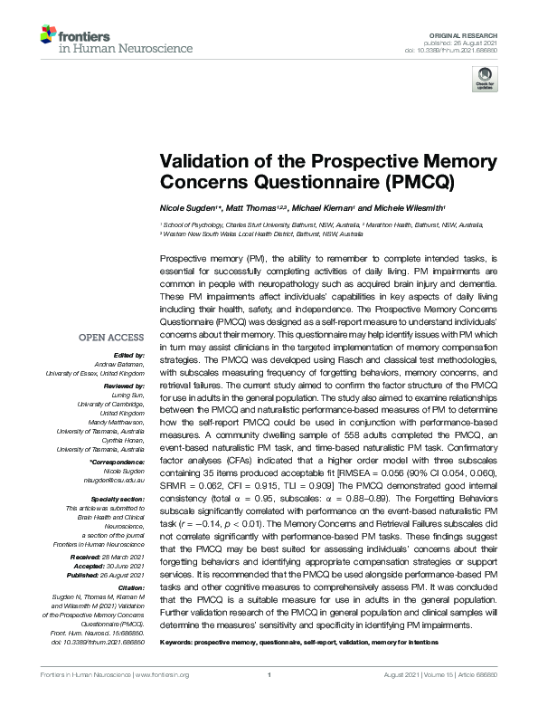 (PDF) Validation of the Prospective Memory Concerns Questionnaire (PMCQ)