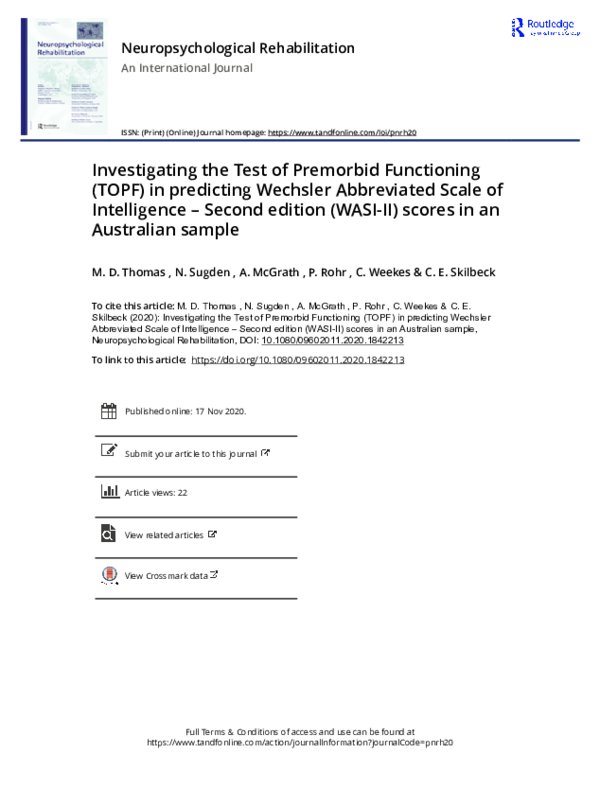 (PDF) Investigating the Test of Premorbid Functioning (TOPF) in ...