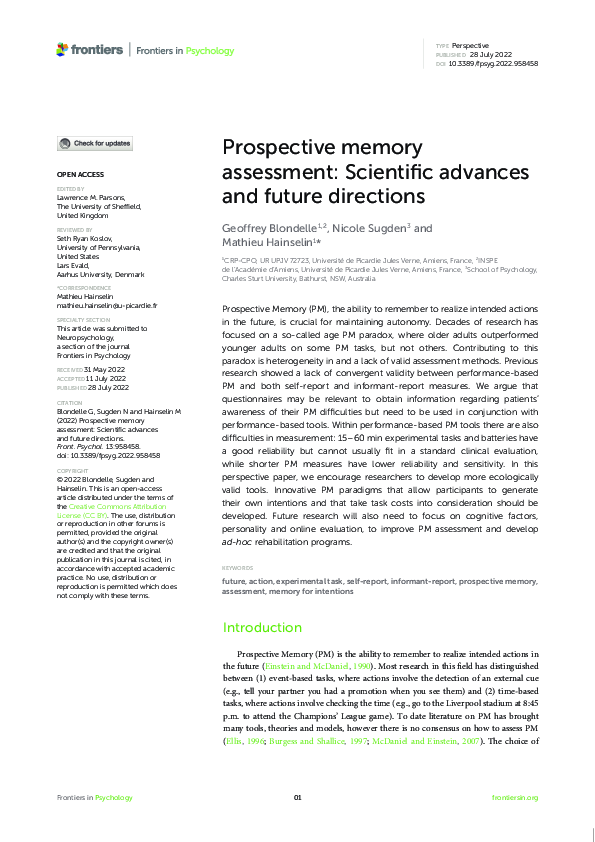 (PDF) Prospective memory assessment: Scientific advances and future ...