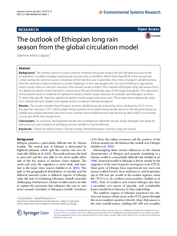 (PDF) The outlook of Ethiopian long rain season from the global circulation model