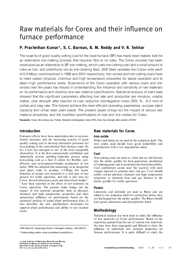 (PDF) Raw materials for Corex and their influence on furnace performance