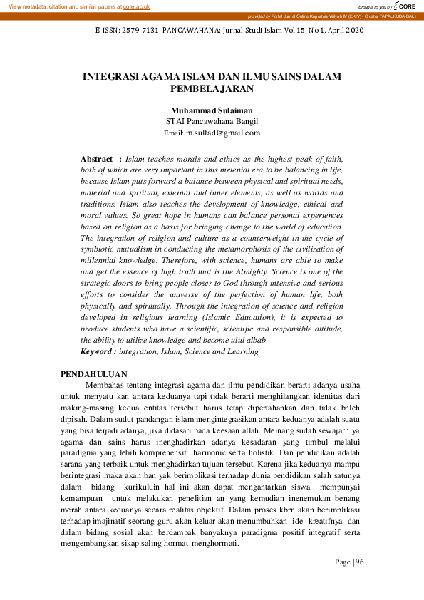 (PDF) Integrasi Agama Islam Dan Ilmu Sains Dalam Pembelajaran