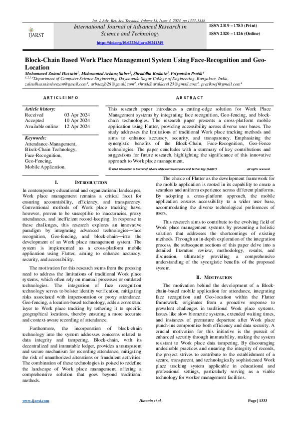 (PDF) Block-Chain Based Work Place Management System Using Face-Recognition and Geo-Location