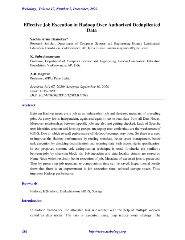 (PDF) Effective Job Execution in Hadoop Over Authorized Deduplicated Data