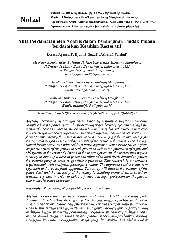 (PDF) Akta Perdamaian oleh Notaris dalam Penanganan Tindak Pidana ...