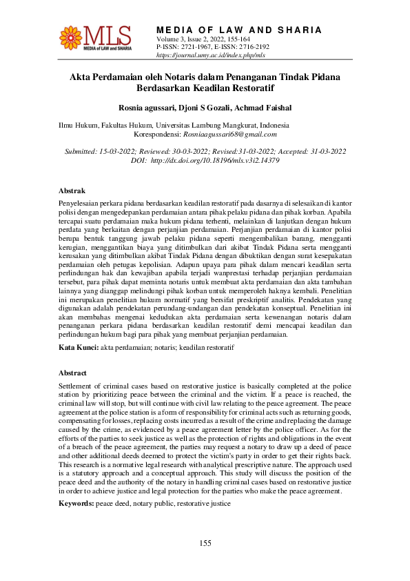 (PDF) Akta Perdamaian oleh Notaris dalam Penanganan Tindak Pidana Berdasarkan Keadilan Restoratif