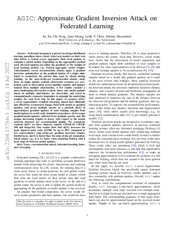 (PDF) AGIC: Approximate Gradient Inversion Attack on Federated Learning
